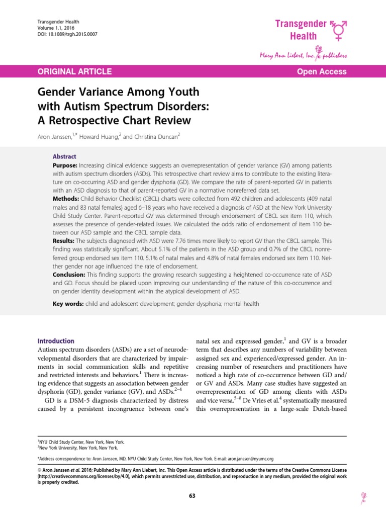 Gender Variance Among Youth With Autism Spectrum Disorders: A ...