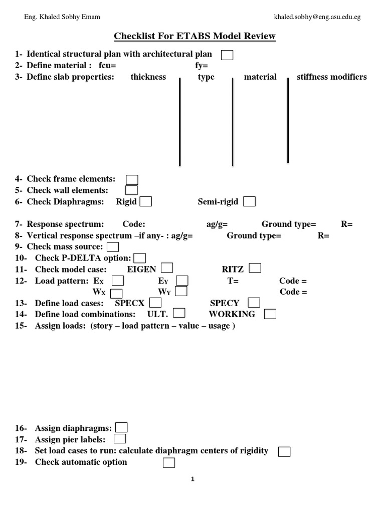 ETABS Model Review Checklist | PDF | Teaching Methods & Materials