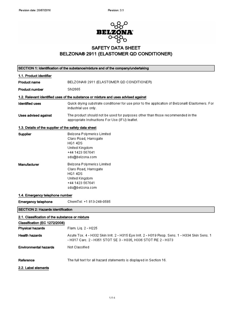 Safety Data Sheet Belzona® 2911 (Elastomer QD Conditioner) : Revision Date: 20/07/2016 Revision ...