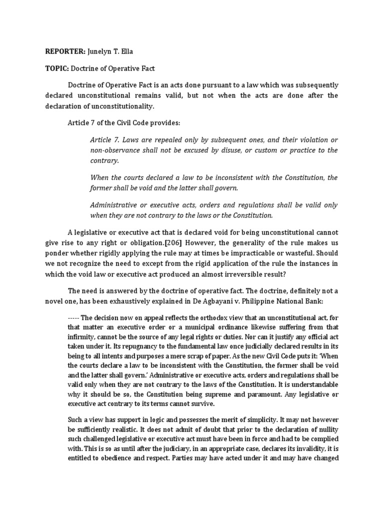 Topic Doctrine of Operative Fact 2 | PDF | Constitutionality ...
