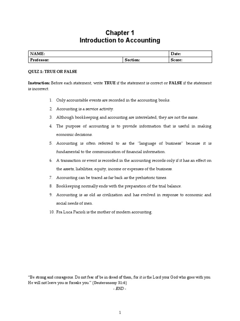 Quiz 1 Introduction To Accounting Without Answer | PDF | Accounting ...