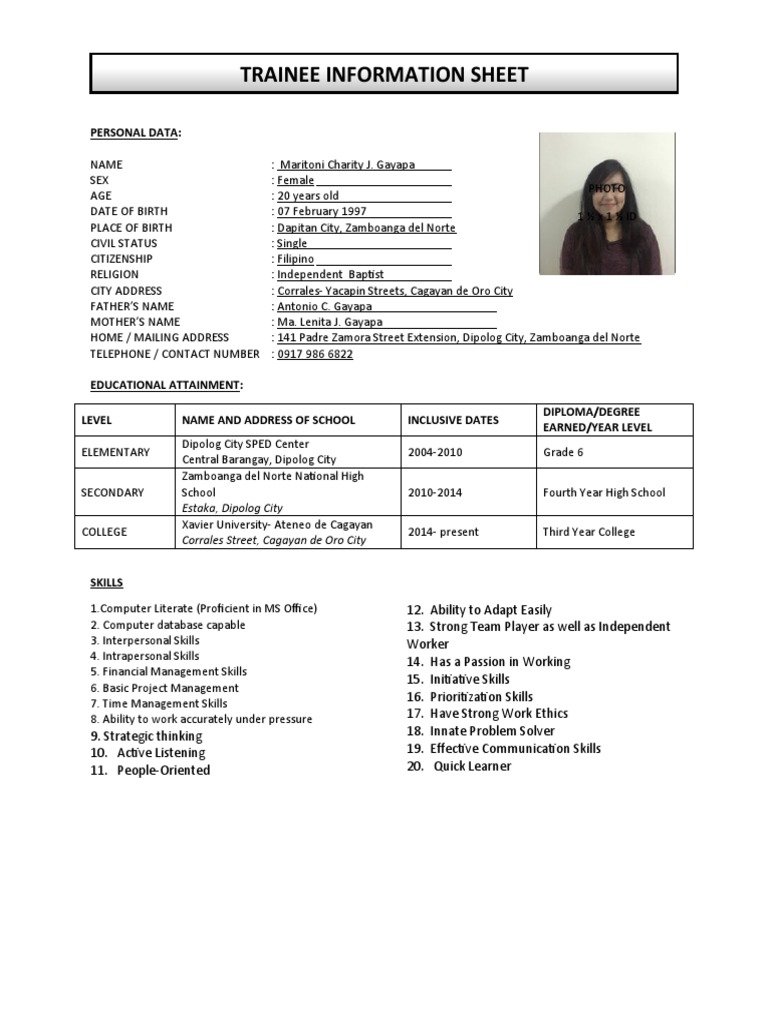 Trainee Information Sheet cHAAAZZZ | PDF | Business