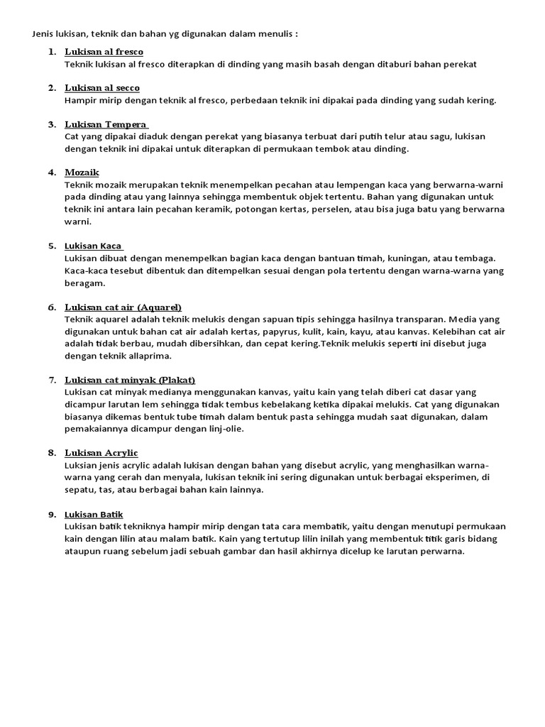 Jenis Lukisan, Teknik Dan Bahan Yg Digunakan Dalam Menulis | PDF | Seni