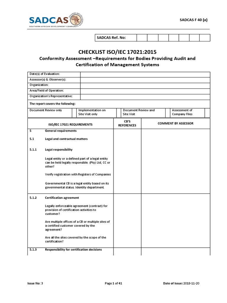 SADCAS F 40 (A) - Checklist ISO IEC 17021-2015 Conformity Assessment ...