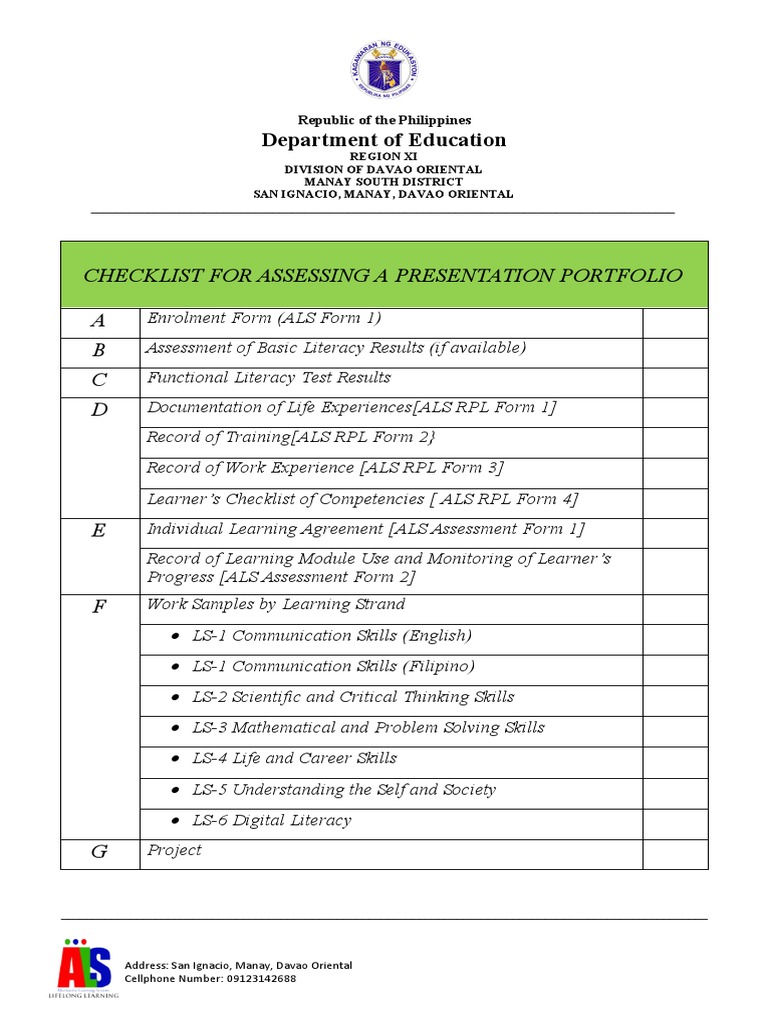 CHECKLIST FOR ASSESSING A PRESENTATION PORTFOLIO - New | PDF
