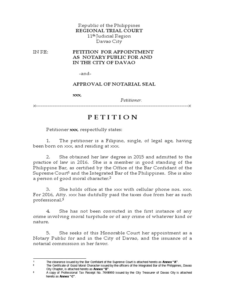 Davao Petition For Notarial Commission | PDF | Seal (Emblem) | Notary ...