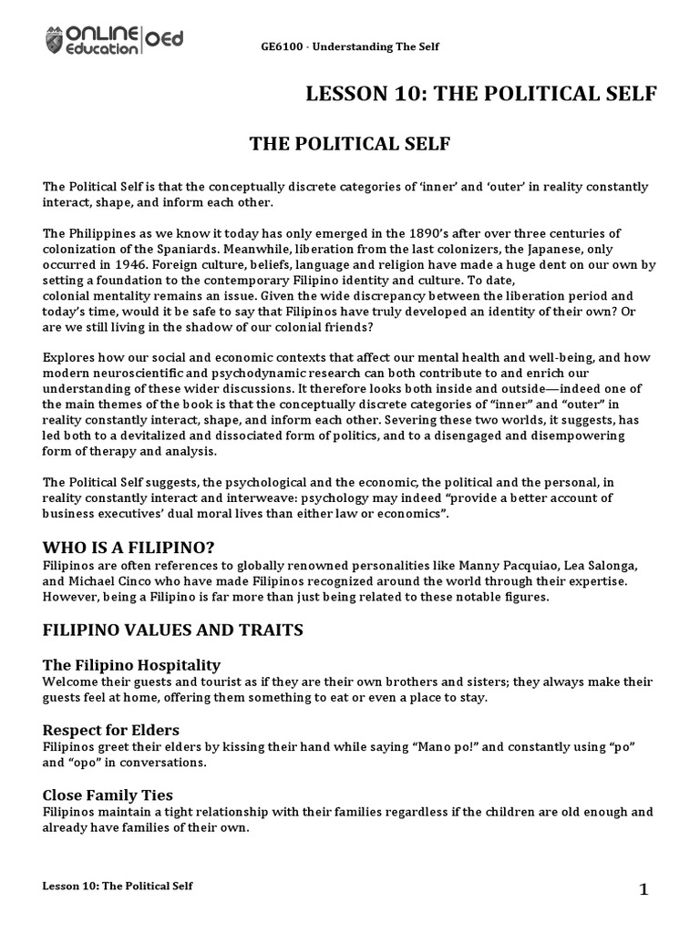 Lesson 10 - The Political Self | PDF | Self | Philippines