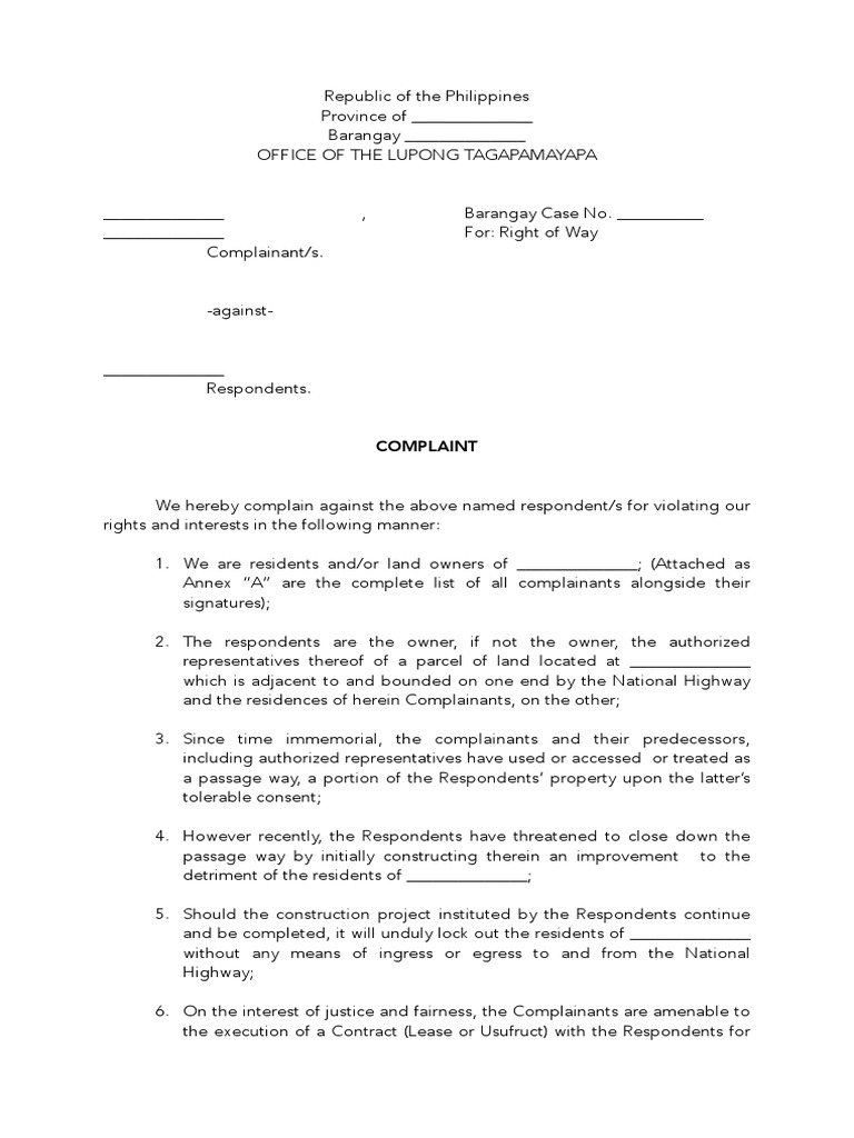 Barangay Captain - Complaint PDF | PDF | Property | Civil Law (Common Law)