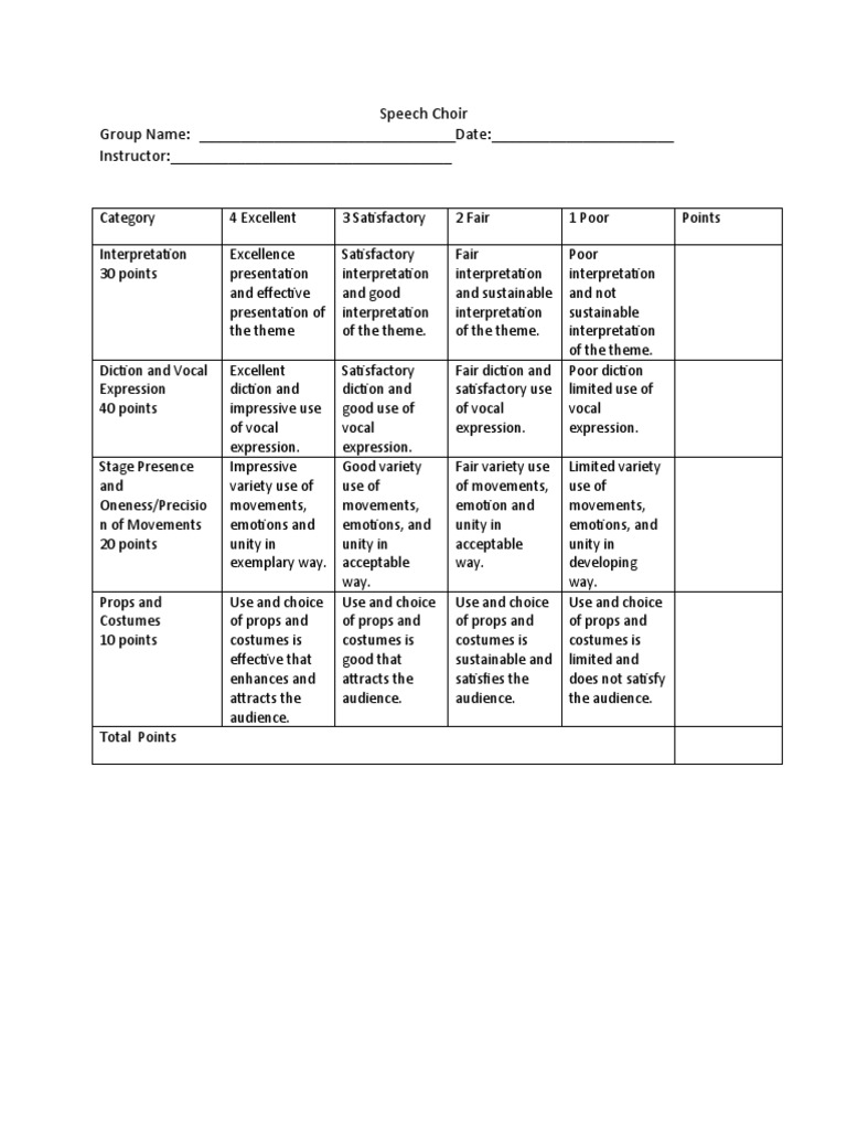 Speech Choir Group Name: - Date: - Instructor | PDF