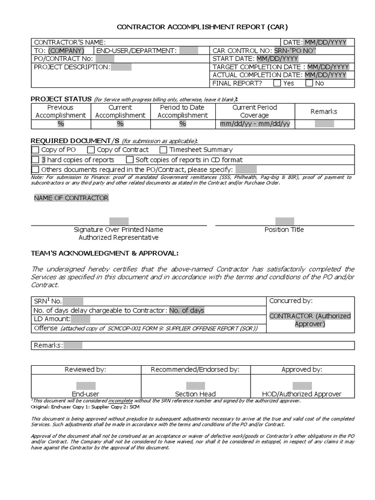 Contractor Accomplishment Report Form 010219 | PDF | Business Law ...