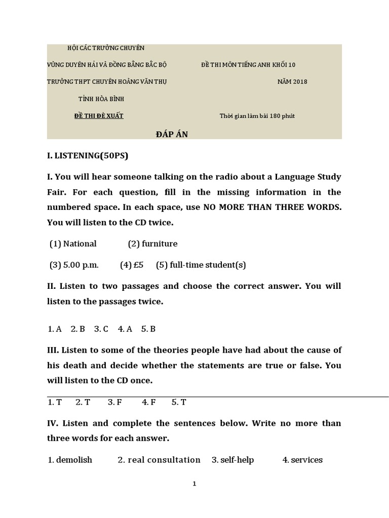 De Thi de Xuat Duyen Hai 2018 - Tieng Anh Lop 10 - Hoang Văn TH, Hòa Bình (Đáp Án Chính TH C) | PDF