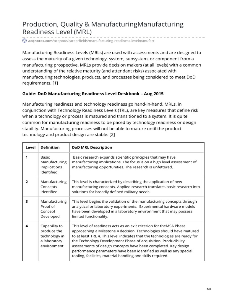 DoD Manufacturing Readiness Levels Explained | PDF | System | Prototype