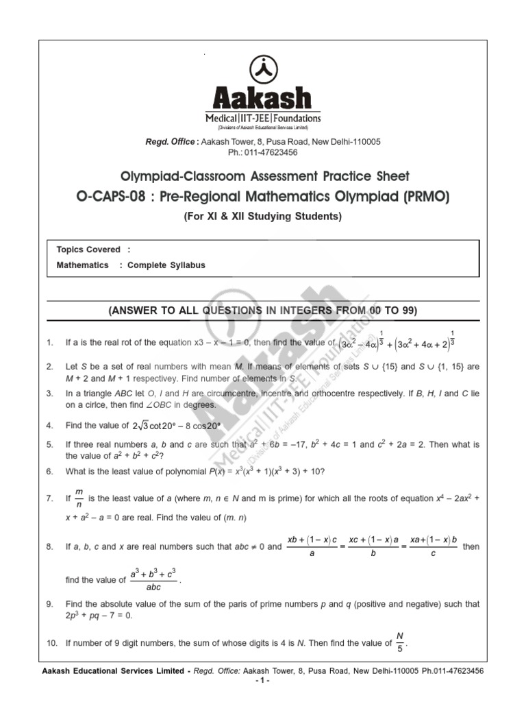 O-CAPS-08 - PRMO - Class XI - XII | PDF | Circle | Triangle