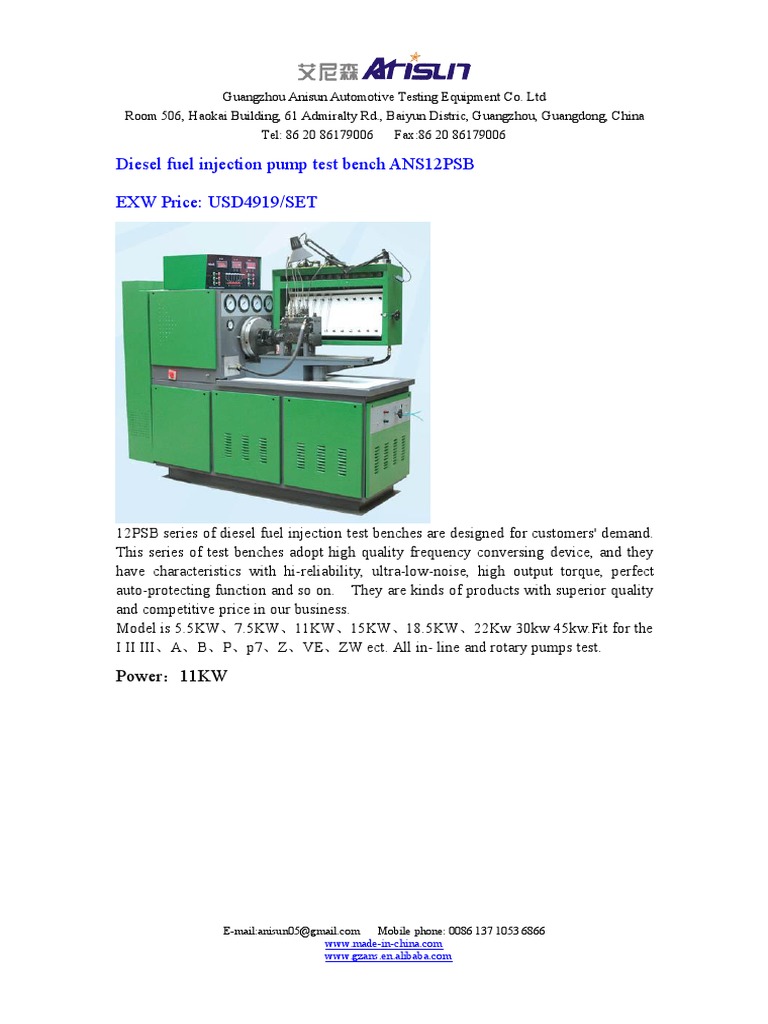 Diesel Injection Pump Test Bench ANS12PSB | PDF | Diesel Engine | Pump