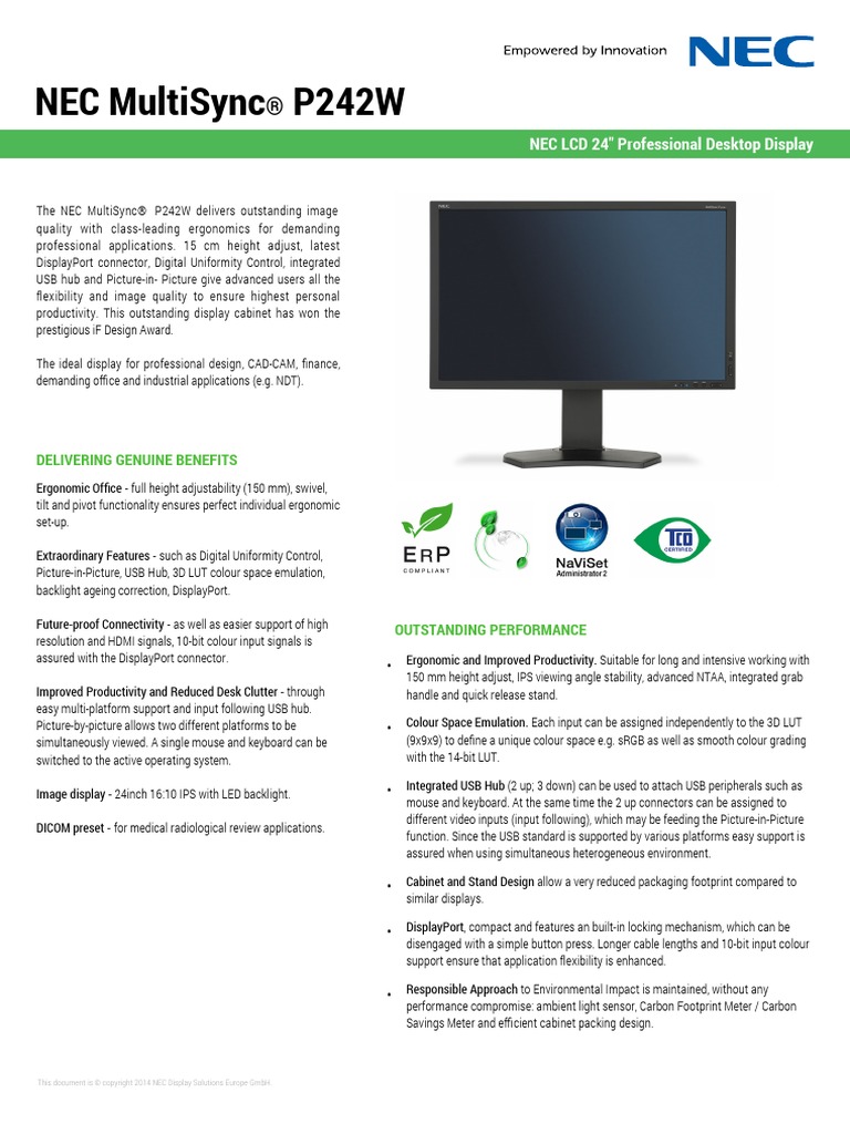 Nec Multisync P242W: Nec LCD 24" Professional Desktop Display | PDF ...