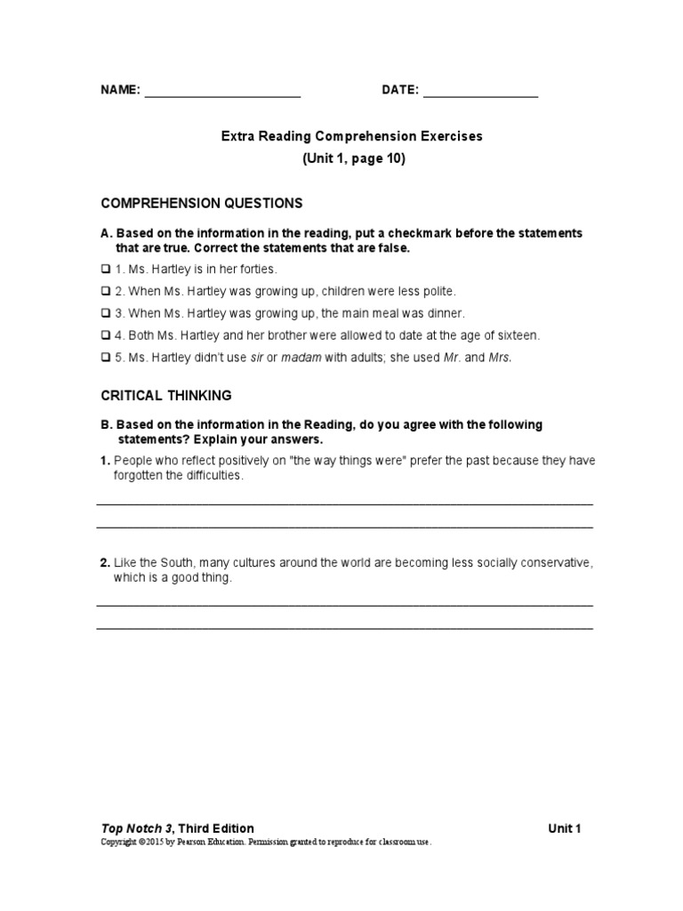 Extra Reading Comprehension Exercises (Unit 1, Page 10) Comprehension ...