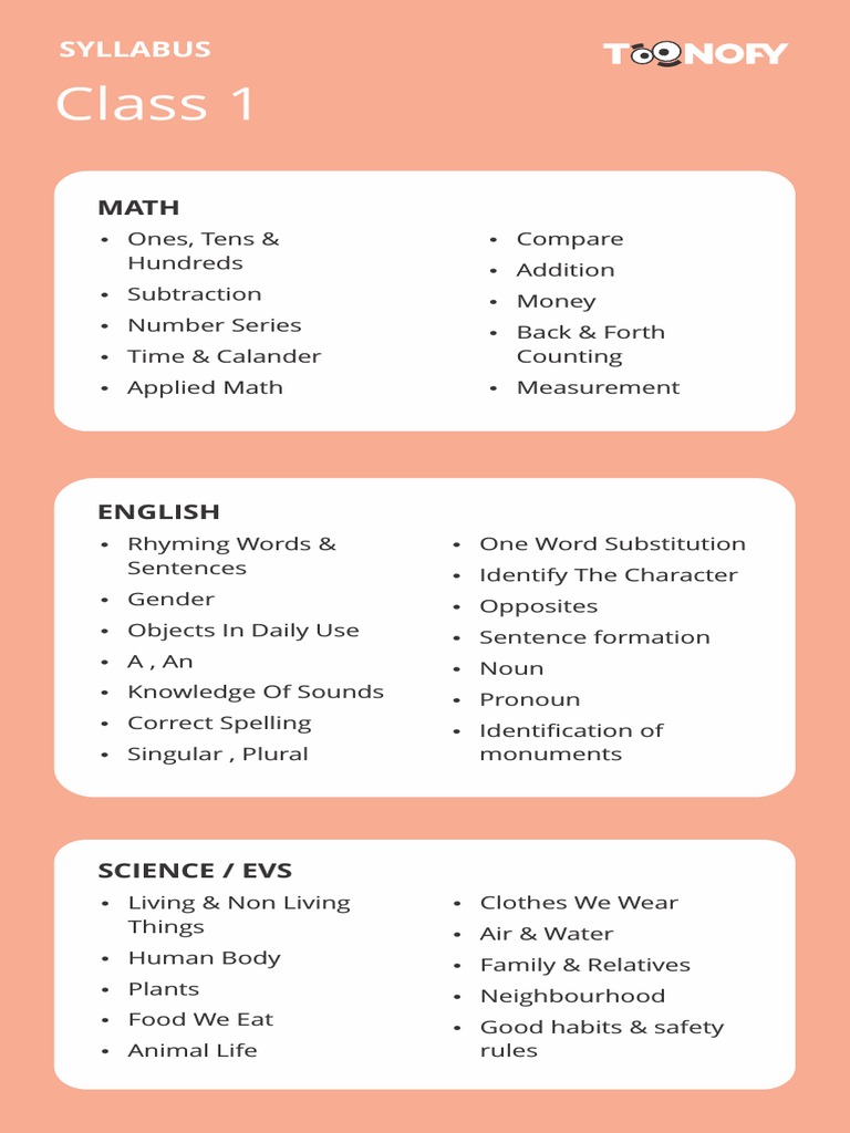 Toonofy Syllabus For Class 1, Grade 1 PDF | PDF