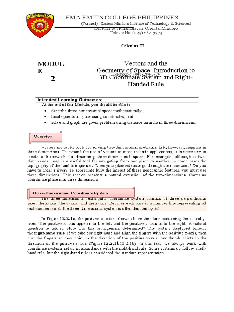 Calculus 3 Module 2 Pdf Cartesian Coordinate System Plane Geometry
