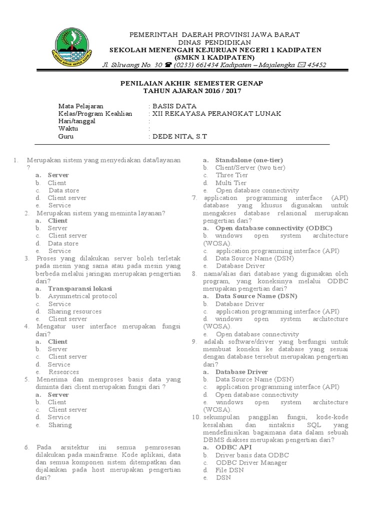 Pas Basis Data Kelas Xii Kunci | PDF
