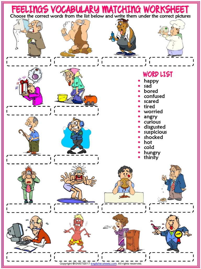 Feelings Emotions Vocabulary Esl Matching Exercise Worksheet For Kids ...