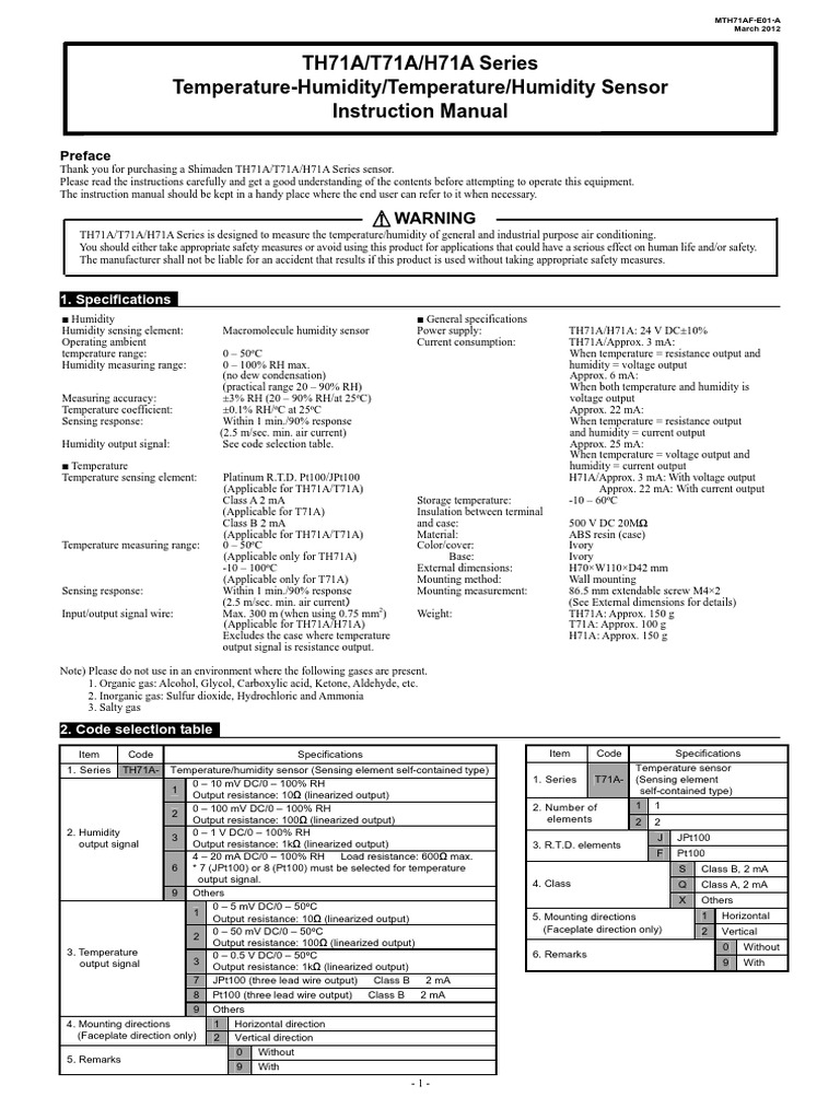 TH71A/T71A/H71A Series Temperature-Humidity/Temperature/Humidity Sensor ...