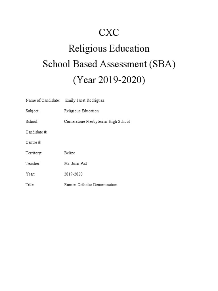 CXC Religious Education School Based Assessment (SBA) (Year 2019-2020 ...