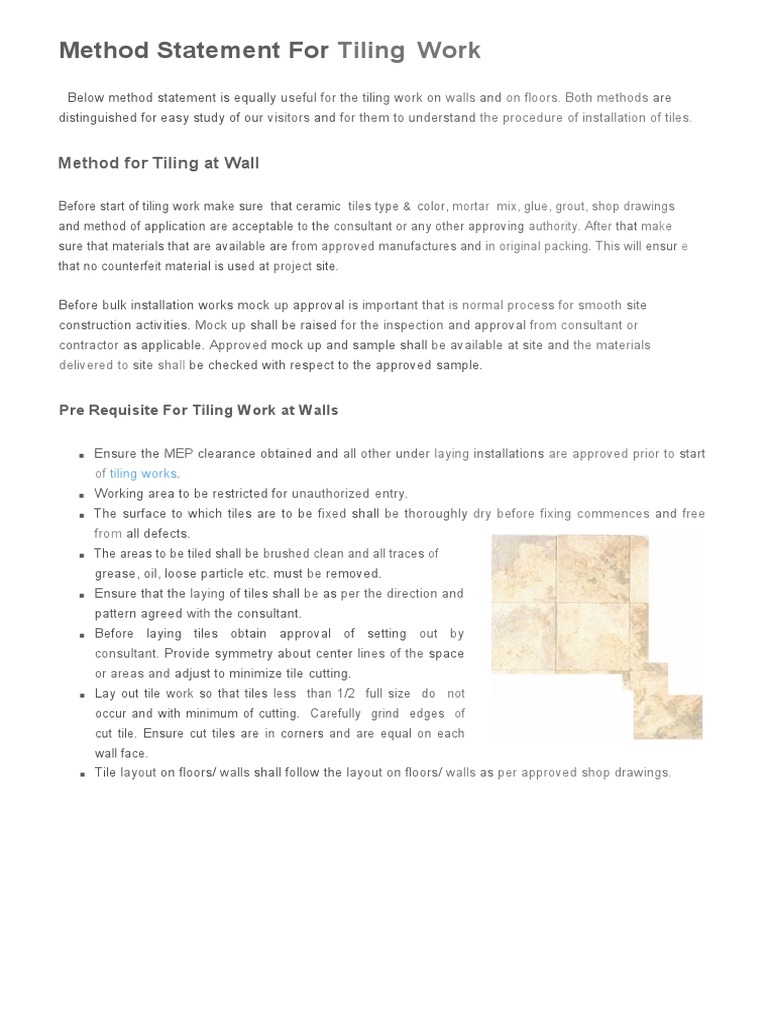 Method Statement For: Tiling Work | PDF | Tile | Adhesive