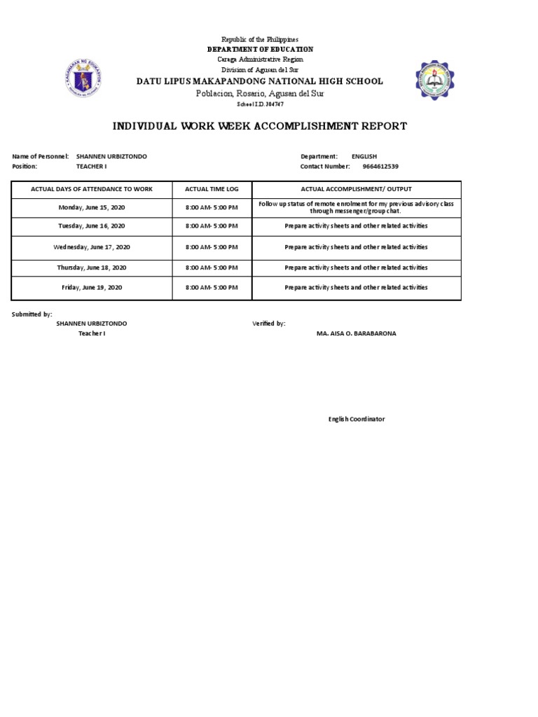 Individual Work Week Accomplishment Report: Datu Lipus Makapandong ...