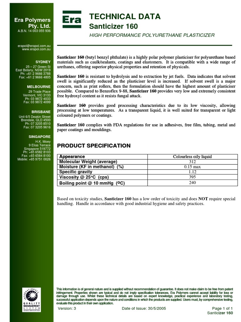 Technical Data: Santicizer 160 | PDF | Polyurethane | Polymers