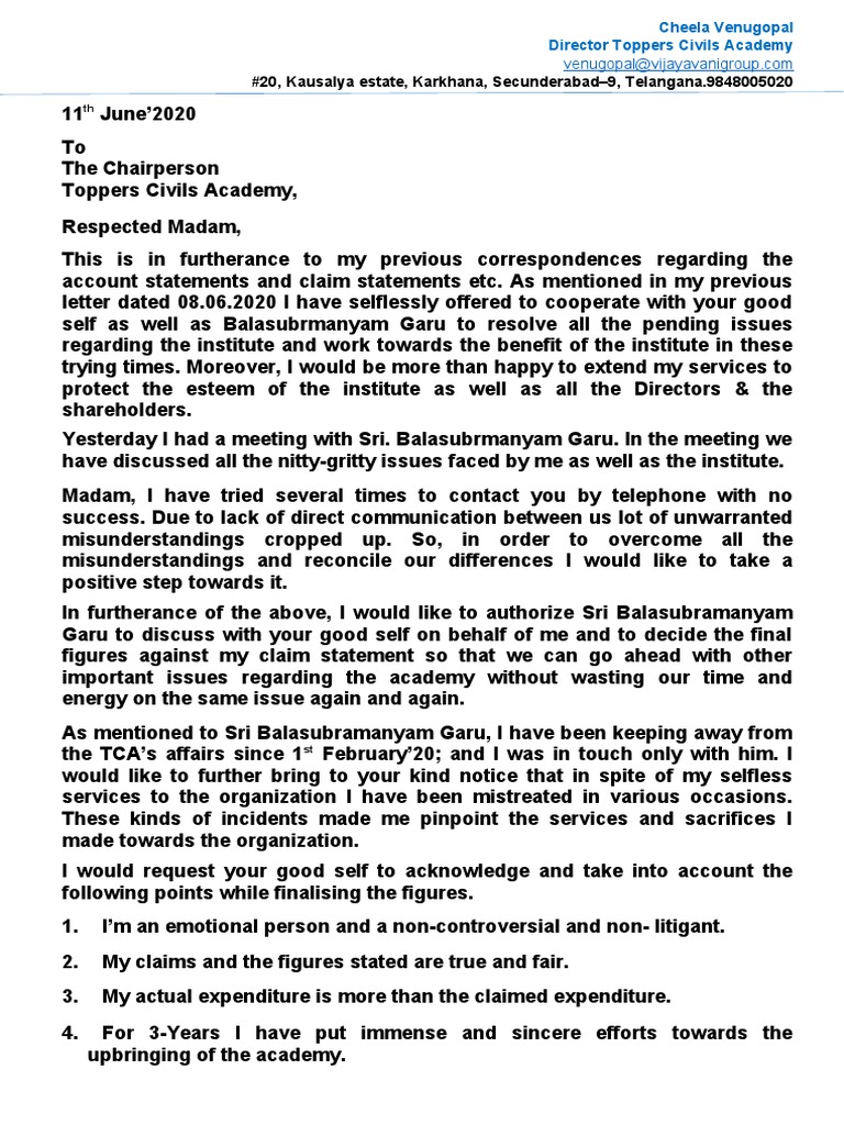 TCA Covering Letter Dated 11..06.20 | PDF | Career & Growth