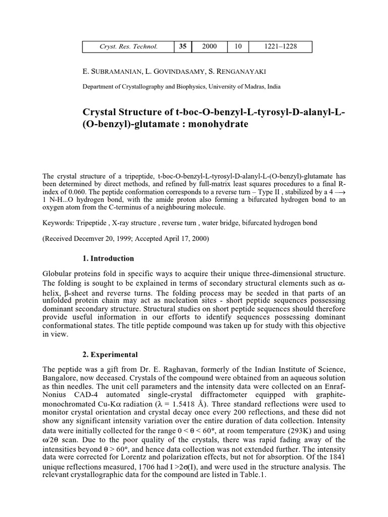 Crystal Structure of t-boc-O-benzyl-L-tyrosyl-D-alanyl-L - (O-Benzyl ...