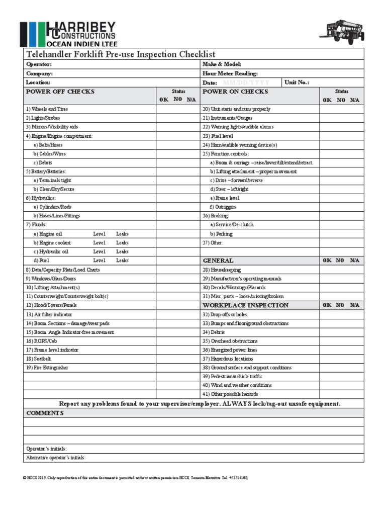 Telehandler Forklift Pre-Use Inspection Checklist | PDF | Forklift ...