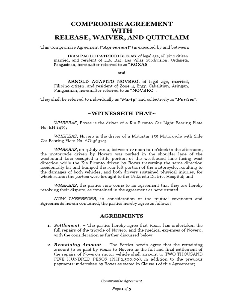 Roxas, Ivan - Compromise Agreement With Waiver | PDF | Law Of ...