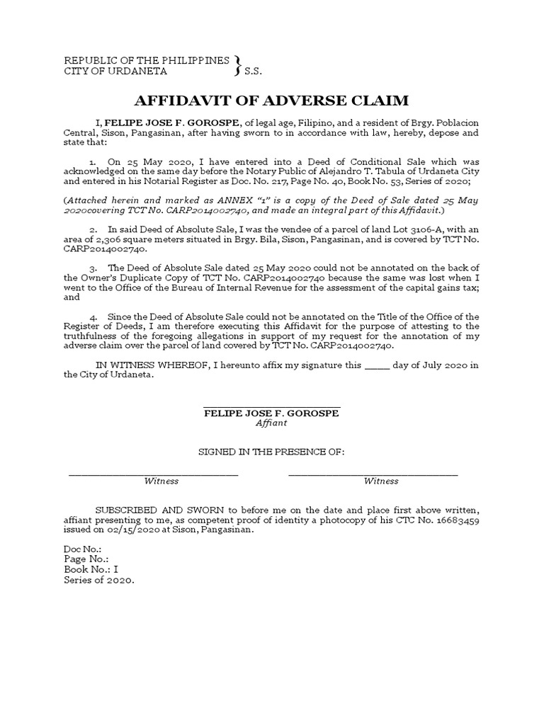 Gorospe, Felipe - Affidavit of Adverse Claim | PDF