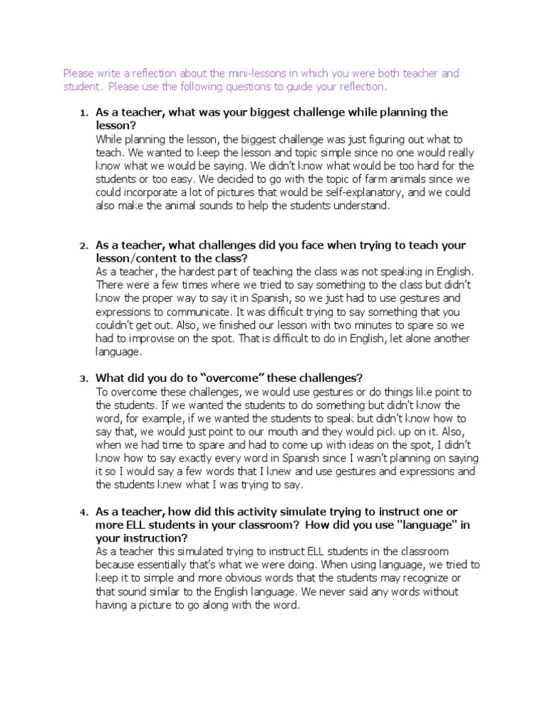 Reflecting on Teaching ELL Challenges | PDF | Classroom | Gesture