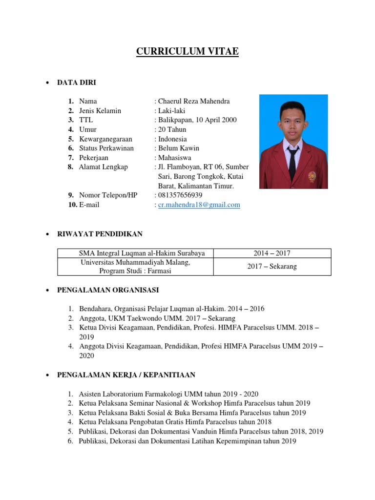 Curriculum Vitae Chaerul Reza Mahendra | PDF