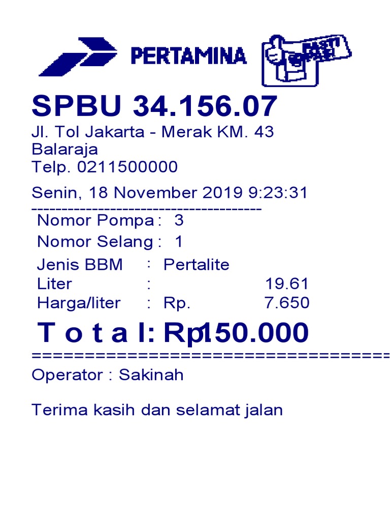 SPBU receipt for 19.61 liters of Pertalite fuel | PDF