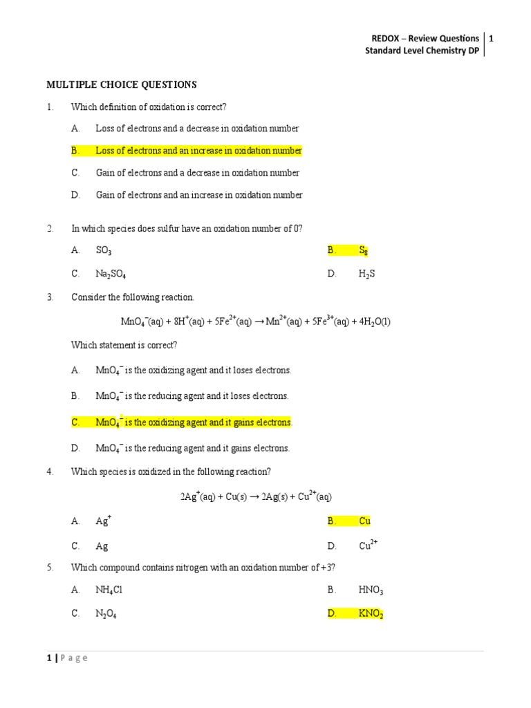 Chemistry Redox Quiz | PDF | Redox | Anode