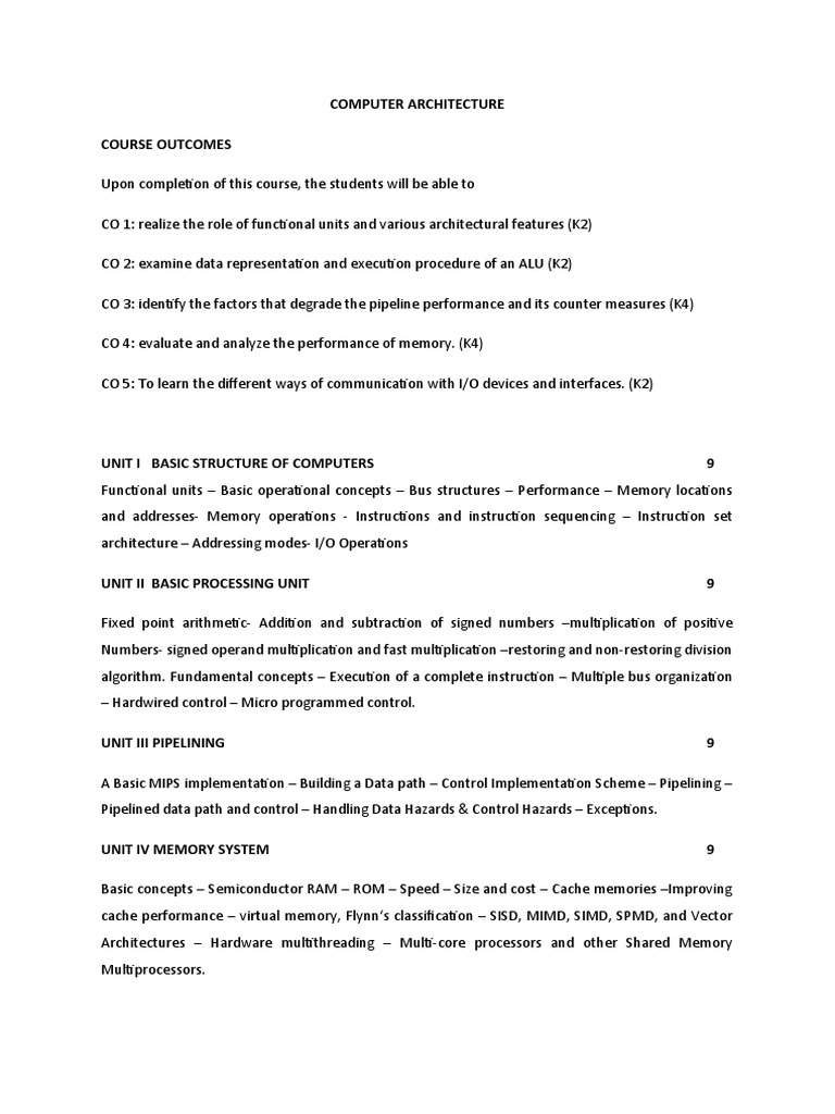 Computer Architecture Syllabus Open Elective Course | PDF | Central Processing Unit | Input/Output