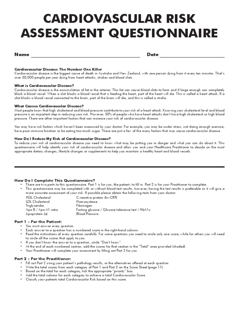 Cardiovascular Risk Assessment Questionnaire: Name Date | Download Free ...