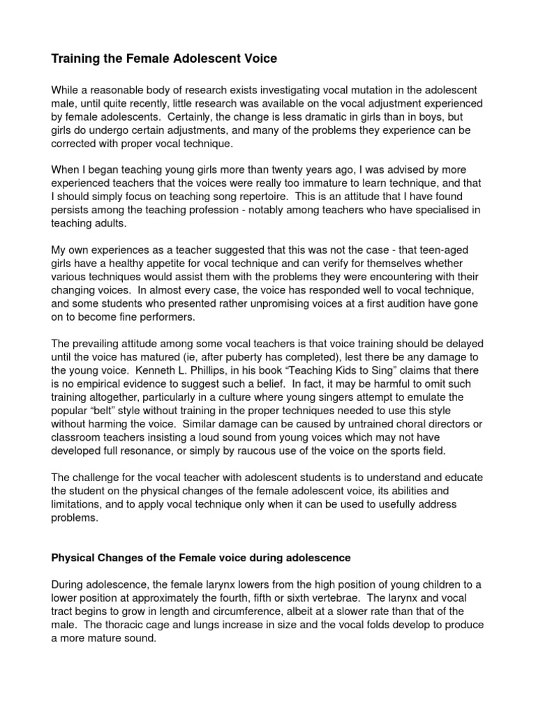 Training the Adolescent Female Voice | PDF | Vocal Pedagogy | Singing