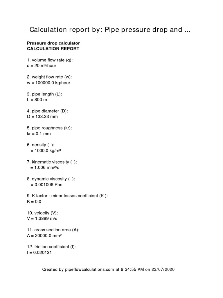 Pipe Pressure Drop Calculation Report | PDF