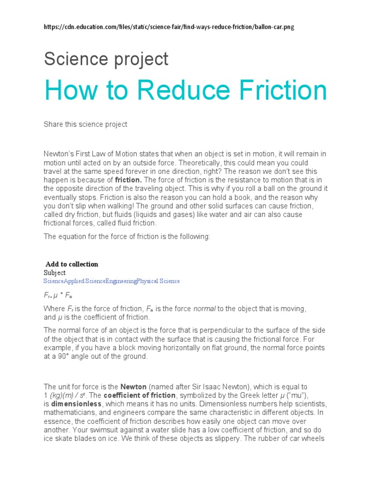 How To Reduce Friction: Science Project | PDF | Friction | Force