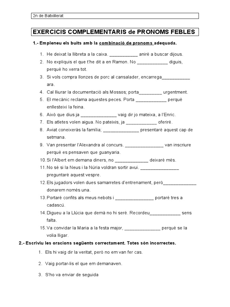 Exercicis Complementaris de Pronoms Febles | PDF