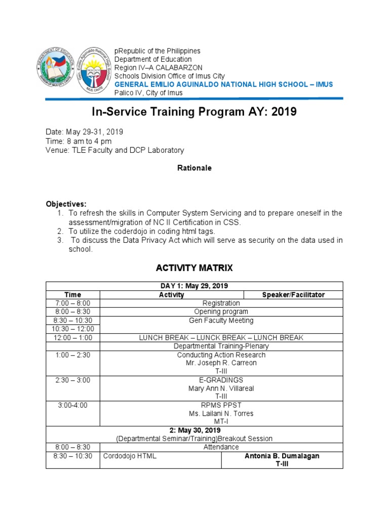 In-Service Training Program AY: 2019: Rationale | PDF | Computing And ...