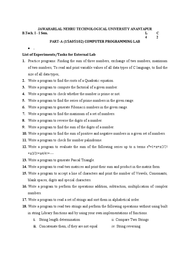 C Programming Lab Tasks for B.Tech | PDF | Numbers | String (Computer Science)