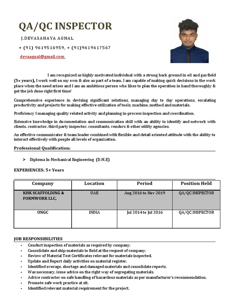 QA/QC Inspector Resume | PDF | Nondestructive Testing | Quality Assurance