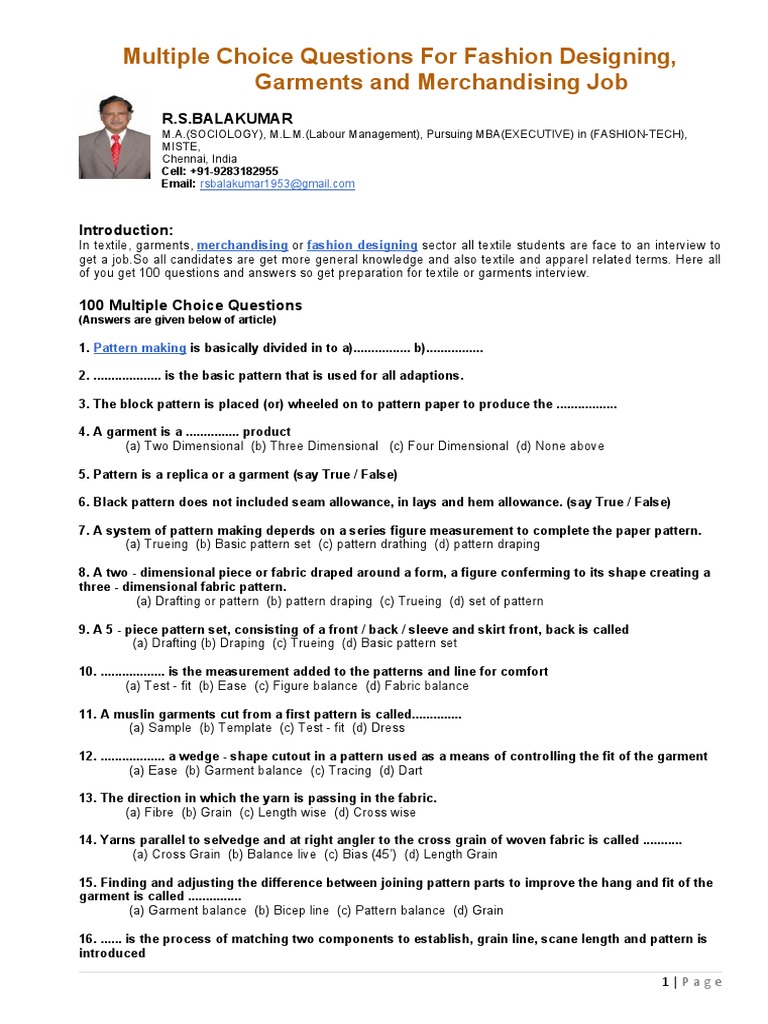 Multiple Choice Questions For Fashion Designing, Garments and ...
