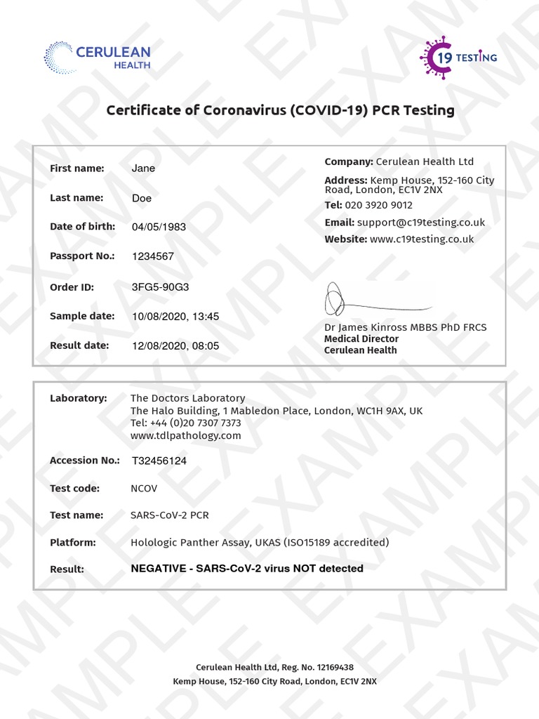 C19Testing - Example Travel Test Certificate | PDF
