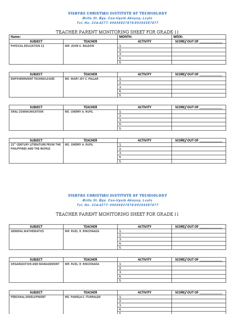 VISAYAS CHRISTIAN INSTITUTE MONITORING SHEET | PDF | Learning